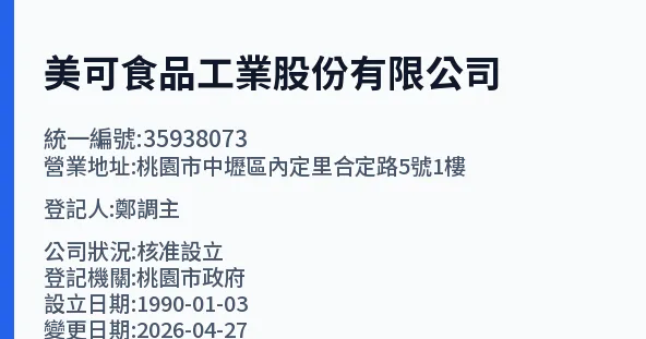 美可食品工業股份有限公司的照片-統編 35938073(桃園市) 公司登記資料與營業項目詳細圖表