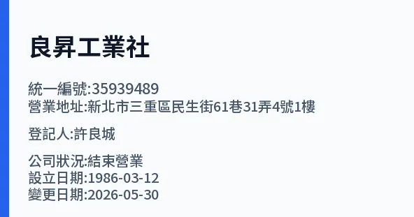 良昇工業社的照片-統編 35939489(新北市) 公司登記資料與營業項目詳細圖表