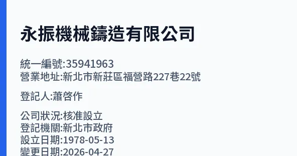 永振機械鑄造有限公司的照片-統編 35941963(新北市) 公司登記資料與營業項目詳細圖表