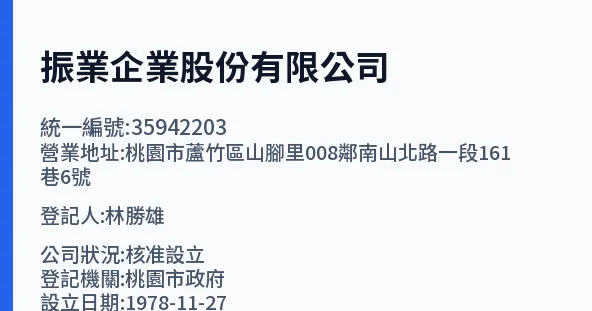 振業企業股份有限公司的照片-統編 35942203(桃園市) 公司登記資料與營業項目詳細圖表