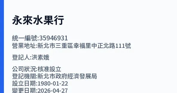 永來水果行的照片-統編 35946931(新北市) 公司登記資料與營業項目詳細圖表