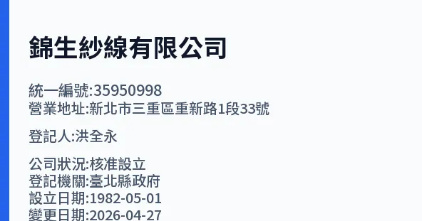 錦生紗線有限公司的照片-統編 35950998(新北市) 公司登記資料與營業項目詳細圖表