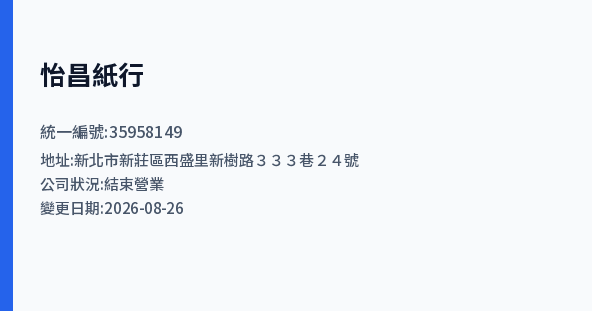 怡昌紙行的照片-統編 35958149(新北市) 公司登記資料與營業項目詳細圖表