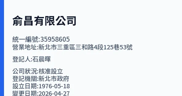 俞昌有限公司的照片-統編 35958605(新北市) 公司登記資料與營業項目詳細圖表
