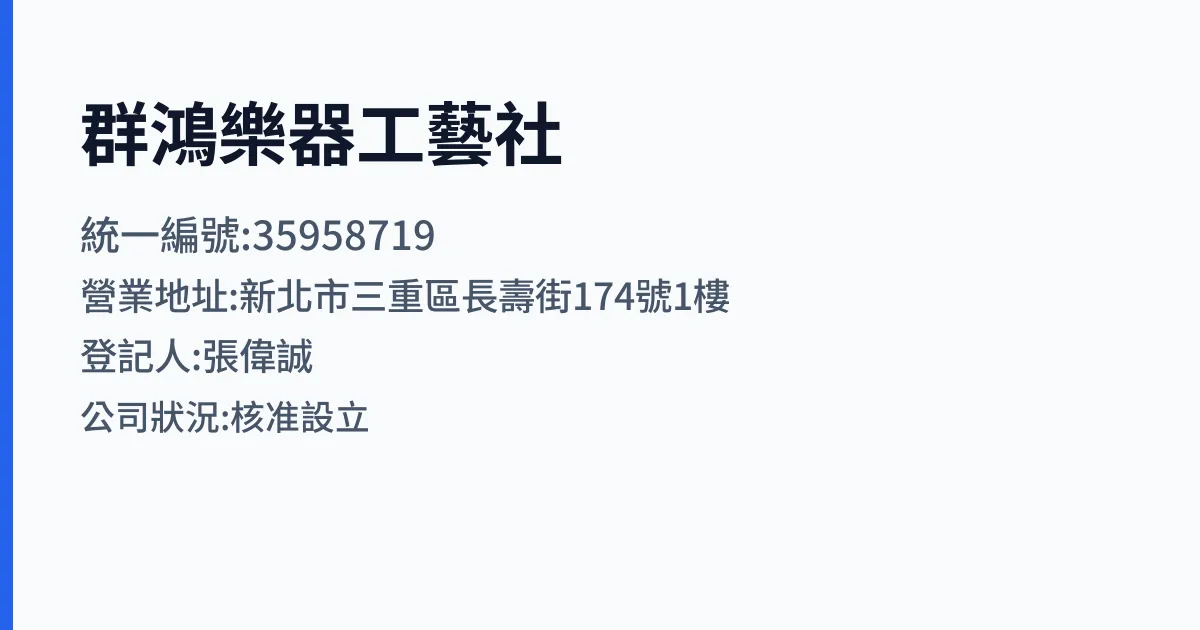 群鴻樂器工藝社 - 統編 35958719(新北市) 公司登記資料與營業項目詳細圖表