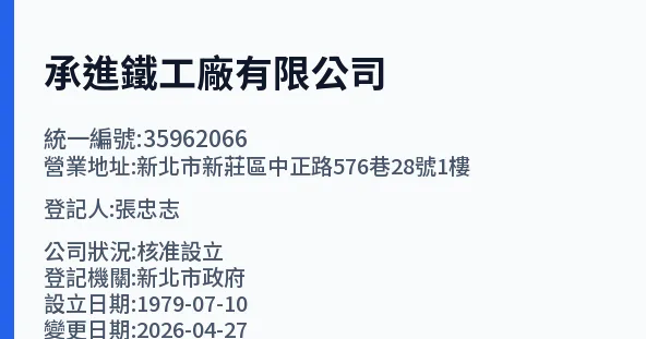 承進鐵工廠有限公司的照片-統編 35962066(新北市) 公司登記資料與營業項目詳細圖表