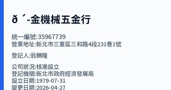 𠴭金機械五金行的照片-統編 35967739(新北市) 公司登記資料與營業項目詳細圖表