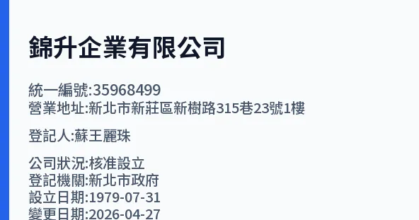 錦升企業有限公司的照片-統編 35968499(新北市) 公司登記資料與營業項目詳細圖表
