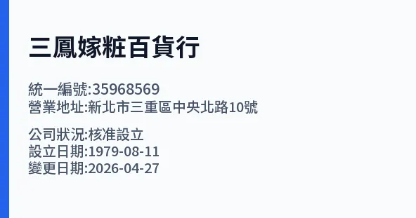 三鳳嫁粧百貨行的照片-統編 35968569(新北市) 公司登記資料與營業項目詳細圖表