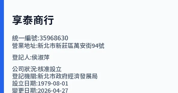 享泰商行的照片-統編 35968630(新北市) 公司登記資料與營業項目詳細圖表