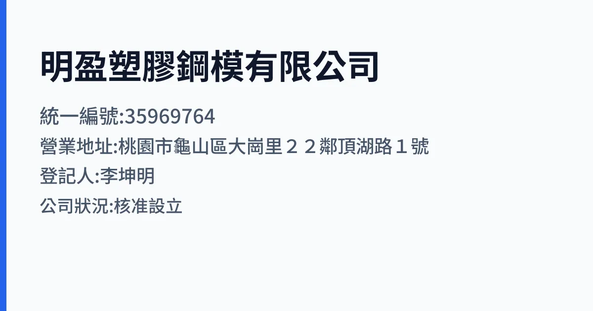 明盈塑膠鋼模有限公司 - 統編 35969764(桃園市) 公司登記資料與營業項目詳細圖表