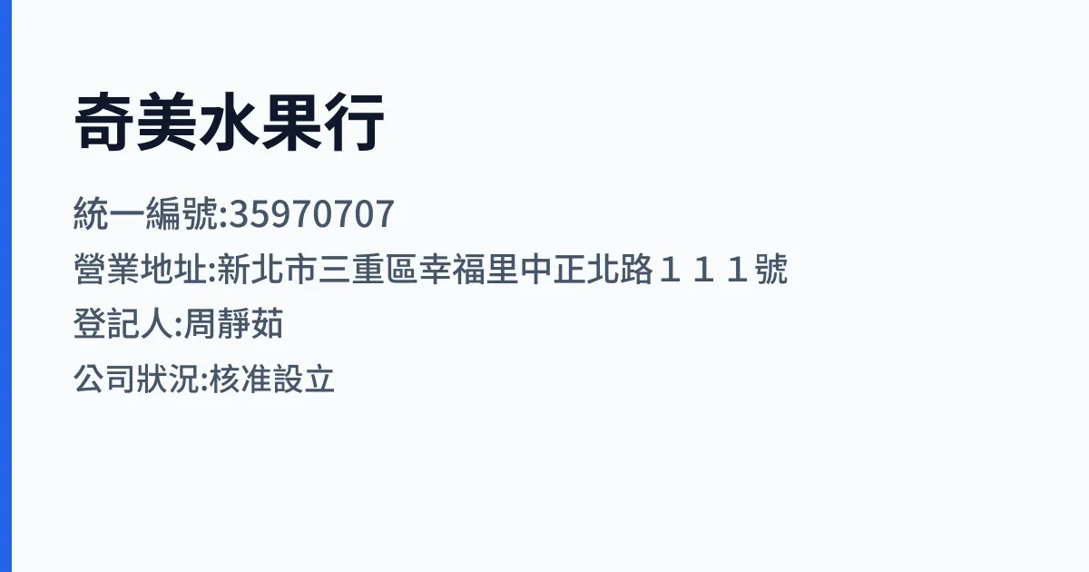奇美水果行 - 統編 35970707(新北市) 公司登記資料與營業項目詳細圖表