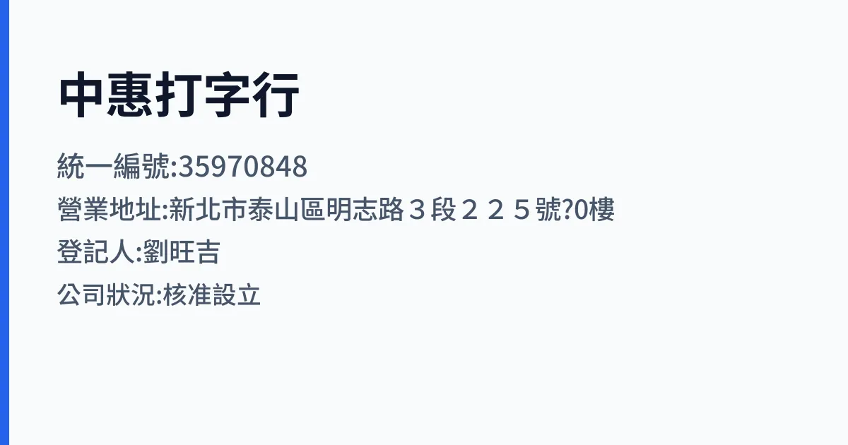 中惠打字行 - 統編 35970848(新北市) 公司登記資料與營業項目詳細圖表
