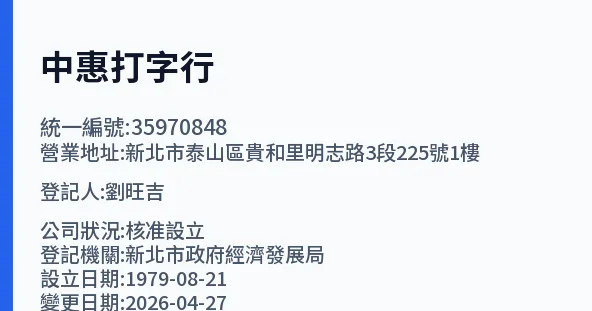中惠打字行的照片-統編 35970848(新北市) 公司登記資料與營業項目詳細圖表