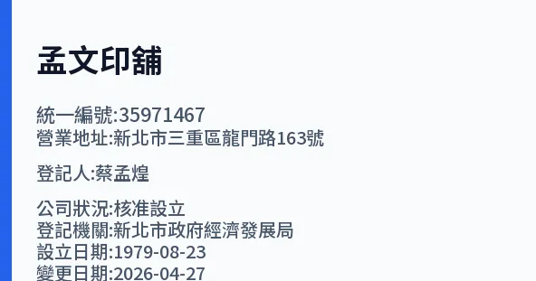 孟文印舖的照片-統編 35971467(新北市) 公司登記資料與營業項目詳細圖表