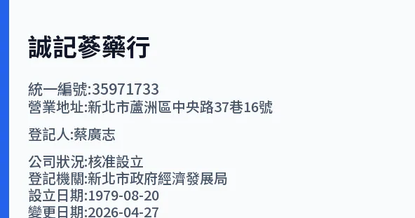 誠記蔘藥行的照片-統編 35971733(新北市) 公司登記資料與營業項目詳細圖表