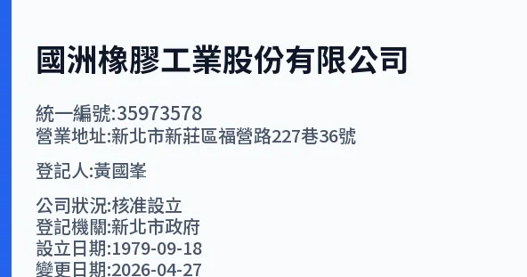 國洲橡膠工業股份有限公司的照片-統編 35973578(新北市) 公司登記資料與營業項目詳細圖表