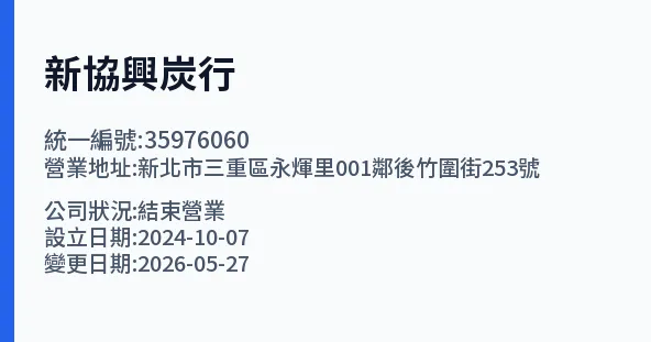 新協興炭行的照片-統編 35976060(新北市) 公司登記資料與營業項目詳細圖表