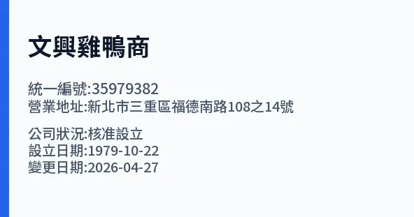 文興雞鴨商的照片-統編 35979382(新北市) 公司登記資料與營業項目詳細圖表