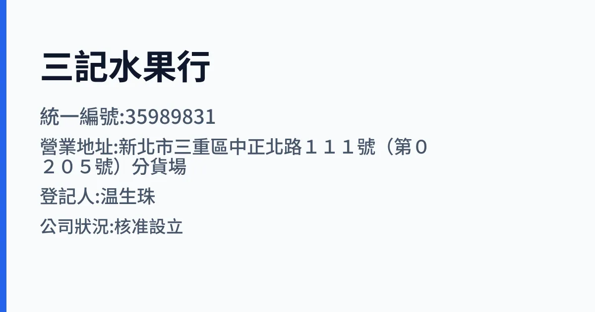 三記水果行 - 統編 35989831(新北市) 公司登記資料與營業項目詳細圖表