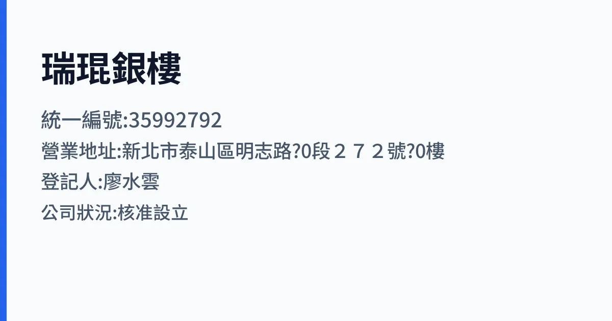 瑞琨銀樓 - 統編 35992792(新北市) 公司登記資料與營業項目詳細圖表