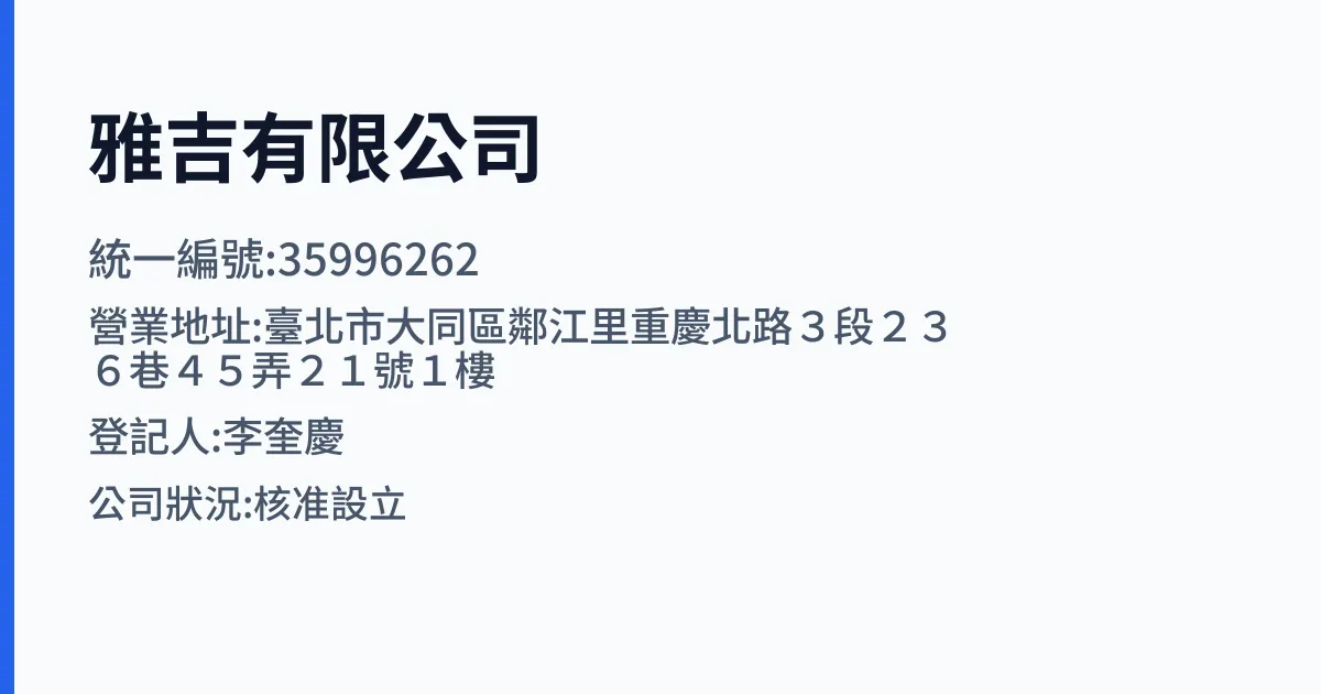 雅吉有限公司 - 統編 35996262(臺北市) 公司登記資料與營業項目詳細圖表