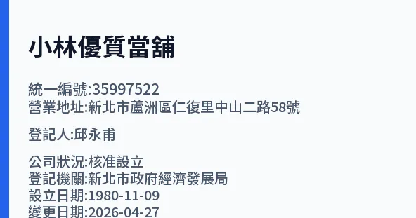 小林優質當舖的照片-統編 35997522(新北市) 公司登記資料與營業項目詳細圖表