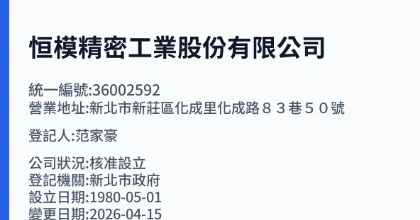 恒模精密工業股份有限公司的照片-統編 36002592(新北市) 公司登記資料與營業項目詳細圖表