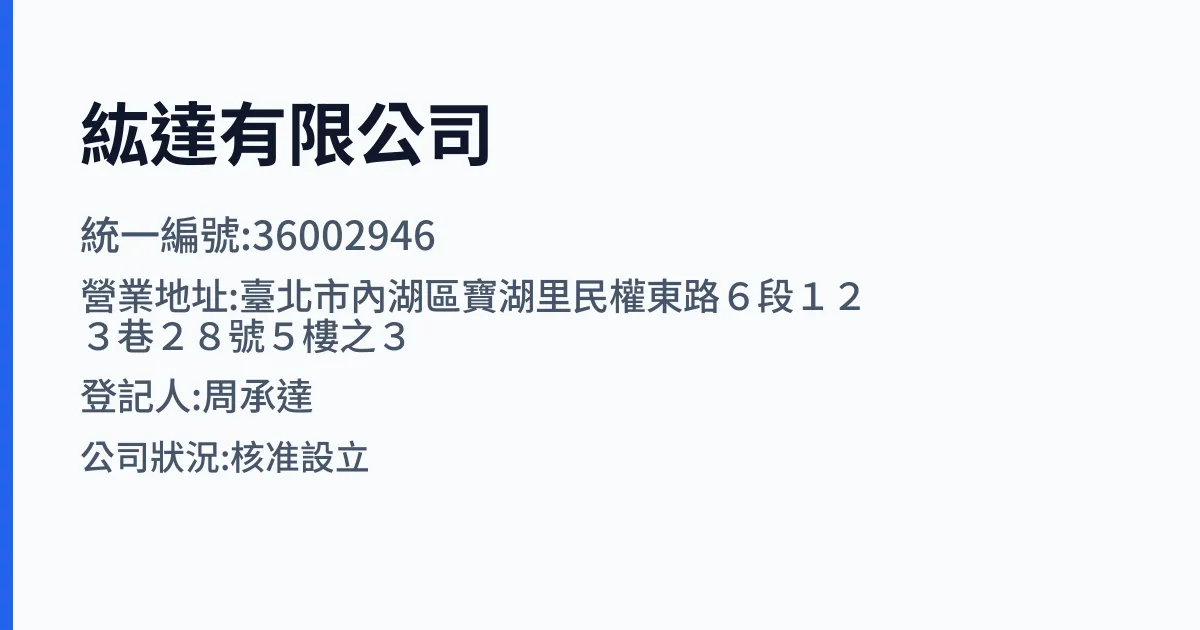 紘達有限公司 - 統編 36002946(臺北市) 公司登記資料與營業項目詳細圖表