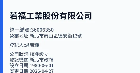 若福工業股份有限公司的照片-統編 36006350(新北市) 公司登記資料與營業項目詳細圖表