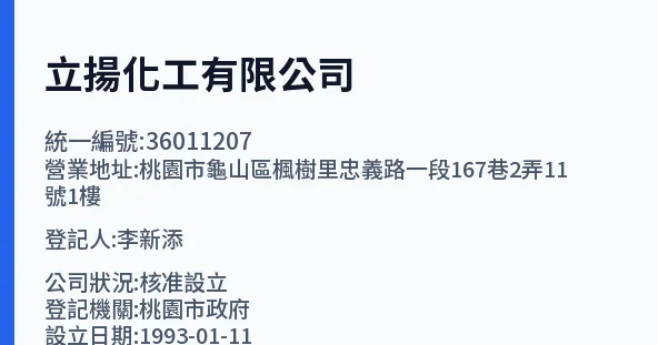 立揚化工有限公司的照片-統編 36011207(桃園市) 公司登記資料與營業項目詳細圖表