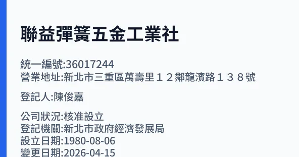 聯益彈簧五金工業社的照片-統編 36017244(新北市) 公司登記資料與營業項目詳細圖表