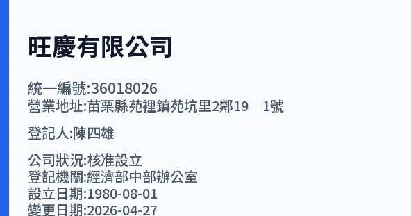 旺慶有限公司的照片-統編 36018026(苗栗縣) 公司登記資料與營業項目詳細圖表