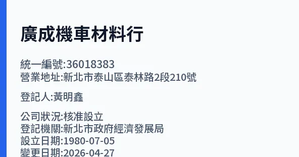 廣成機車材料行的照片-統編 36018383(新北市) 公司登記資料與營業項目詳細圖表