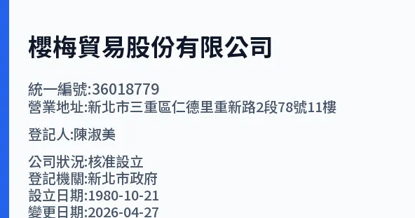 櫻梅貿易股份有限公司的照片-統編 36018779(新北市) 公司登記資料與營業項目詳細圖表