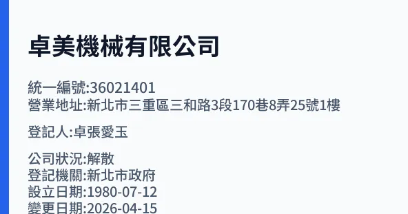 卓美機械有限公司的照片-統編 36021401(新北市) 公司登記資料與營業項目詳細圖表