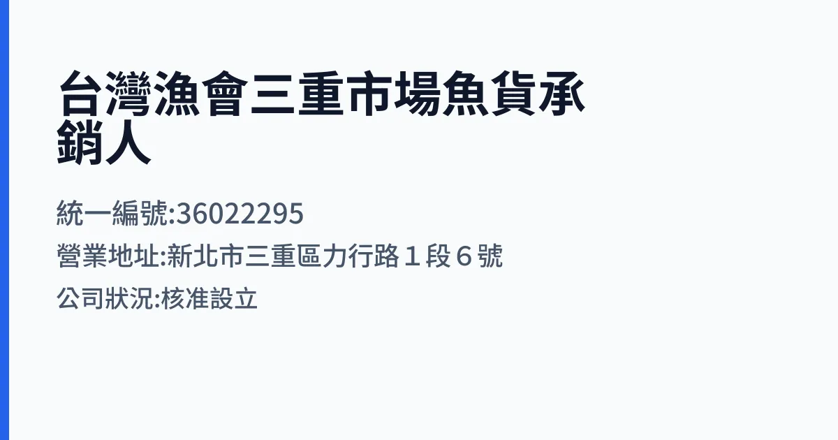 台灣漁會三重市場魚貨承銷人 - 統編 36022295(新北市) 公司登記資料與營業項目詳細圖表