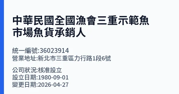 中華民國全國漁會三重示範魚市場魚貨承銷人的照片-統編 36023914(新北市) 公司登記資料與營業項目詳細圖表