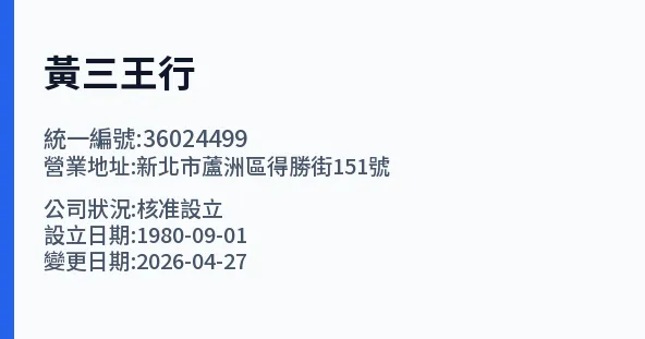 黃三王行的照片-統編 36024499(新北市) 公司登記資料與營業項目詳細圖表