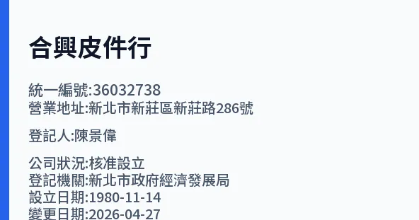 合興皮件行的照片-統編 36032738(新北市) 公司登記資料與營業項目詳細圖表