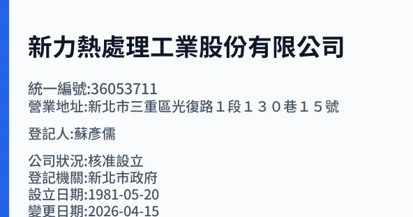 新力熱處理工業股份有限公司的照片-統編 36053711(新北市) 公司登記資料與營業項目詳細圖表