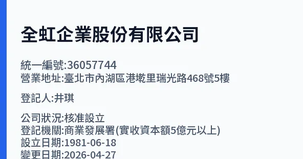 全虹企業股份有限公司的照片-統編 36057744(臺北市) 公司登記資料與營業項目詳細圖表