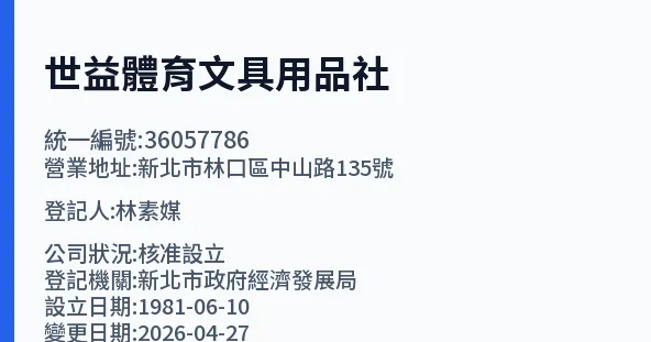 世益體育文具用品社的照片-統編 36057786(新北市) 公司登記資料與營業項目詳細圖表