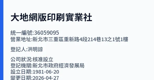 大地網版印刷實業社的照片-統編 36059095(新北市) 公司登記資料與營業項目詳細圖表