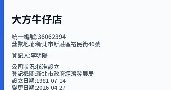 大方牛仔店的照片-統編 36062394(新北市) 公司登記資料與營業項目詳細圖表