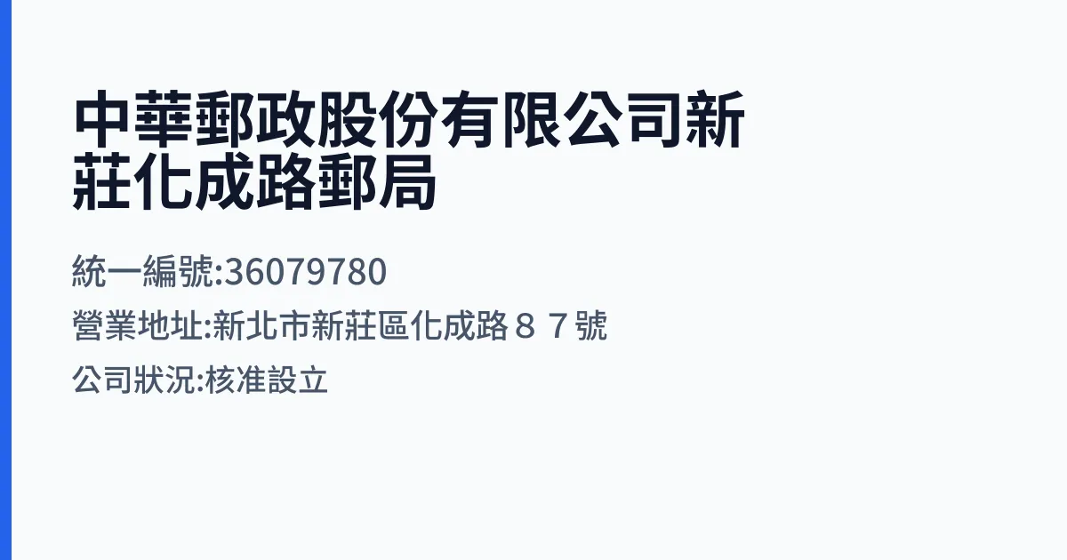 中華郵政股份有限公司新莊化成路郵局 - 統編 36079780(新北市) 公司登記資料與營業項目詳細圖表
