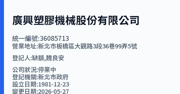 廣興塑膠機械股份有限公司的照片-統編 36085713(新北市) 公司登記資料與營業項目詳細圖表