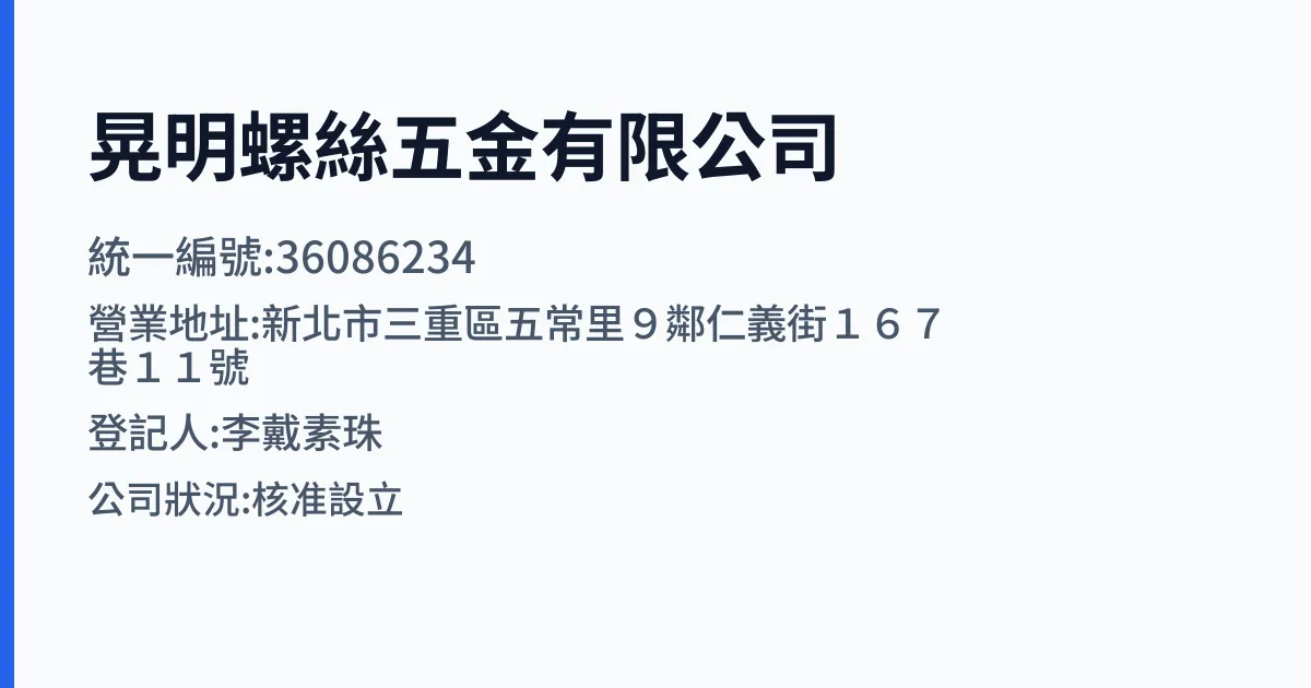 晃明螺絲五金有限公司 - 統編 36086234(新北市) 公司登記資料與營業項目詳細圖表