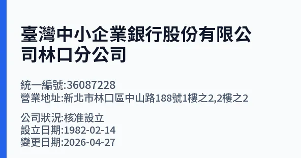 臺灣中小企業銀行股份有限公司林口分公司的照片-統編 36087228(新北市) 公司登記資料與營業項目詳細圖表