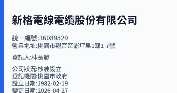 新格電線電纜股份有限公司的照片-統編 36089529(桃園市) 公司登記資料與營業項目詳細圖表